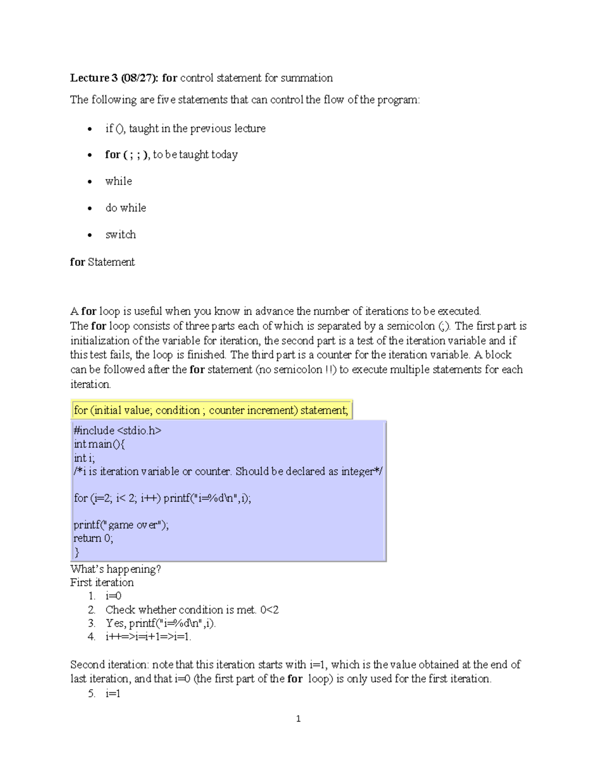 Lecture 3 (08/27): Control Statements for Summation in C Programming - Studocu