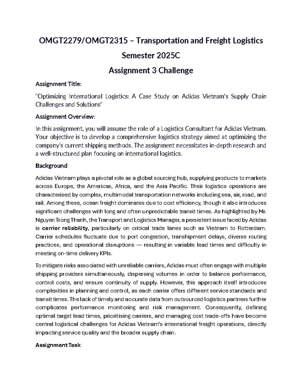 OMGT2279 Assignment 3: Case Study on Adidas International Logistics ...