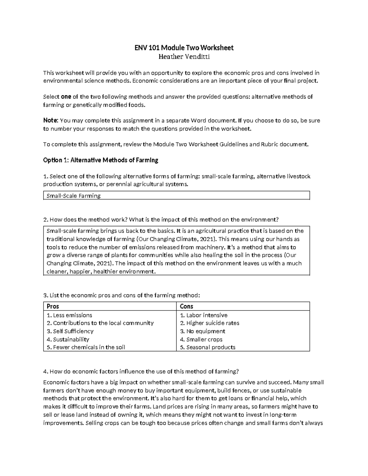 ENV 101 Module Two Worksheet: Economic Pros & Cons of Farming Methods - Studocu