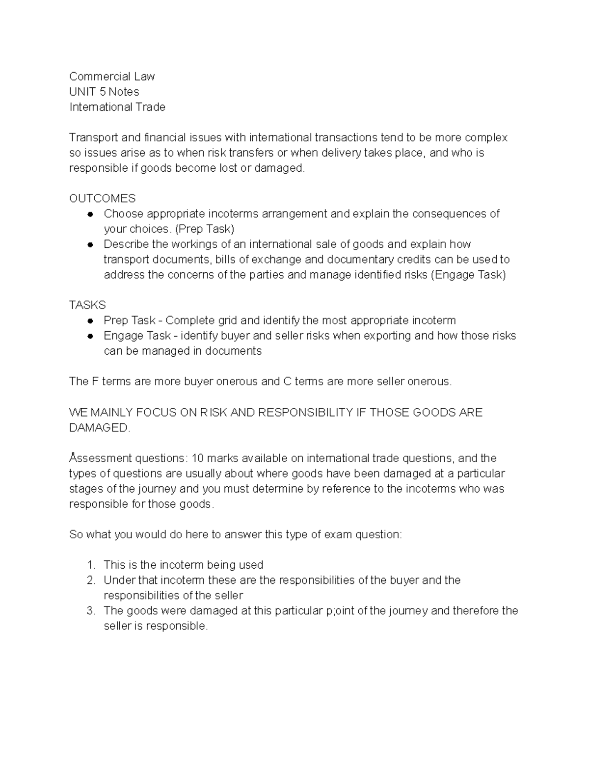 International Trade - UNIT 5 Notes on Incoterms and Risk Management ...
