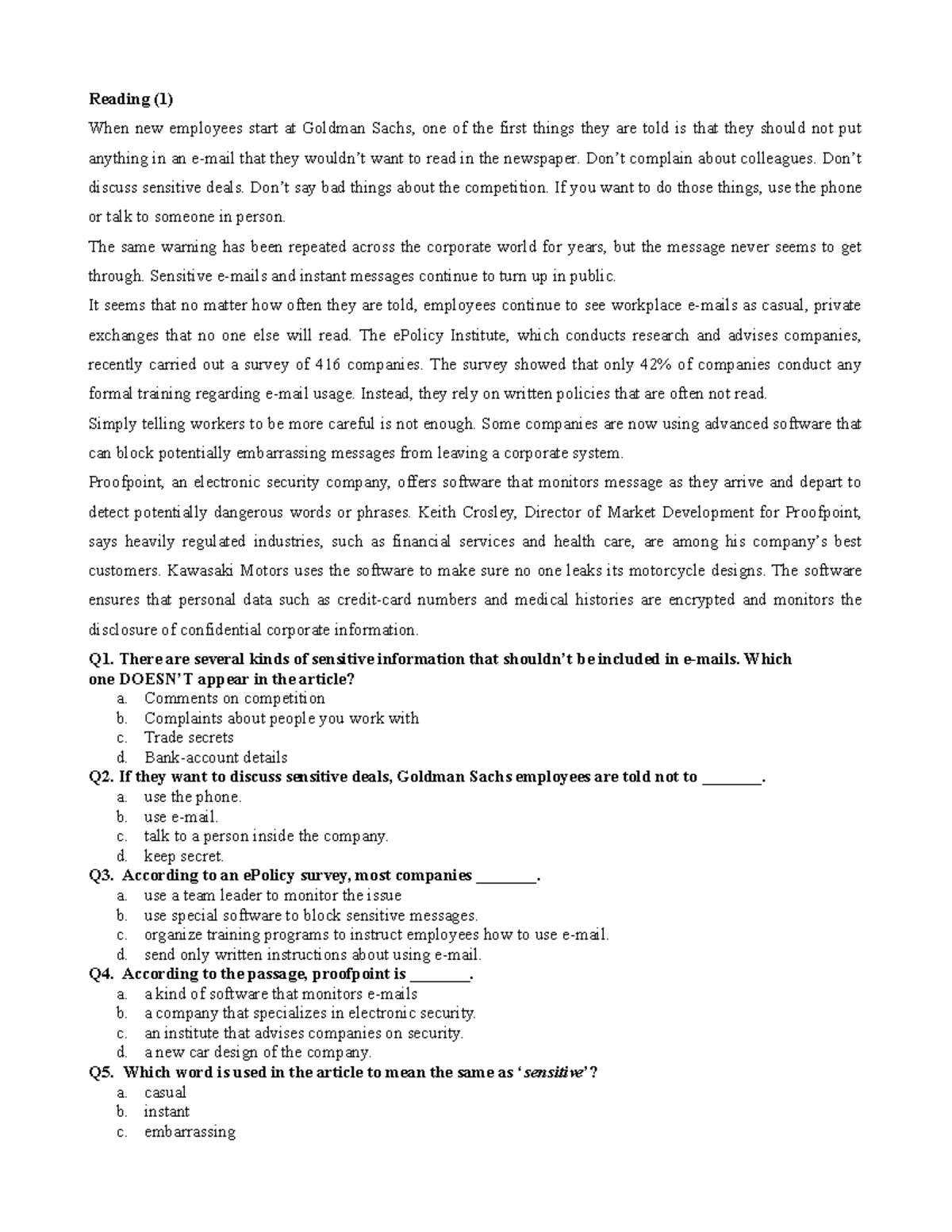 Reading KTHP TACN1 - jfjfc - Reading (1) When new employees start at Goldman Sachs, one of the ...