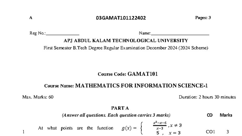 03GAMAT101 Final Exam QP - Mathematics for Information Science DEC 2024 ...