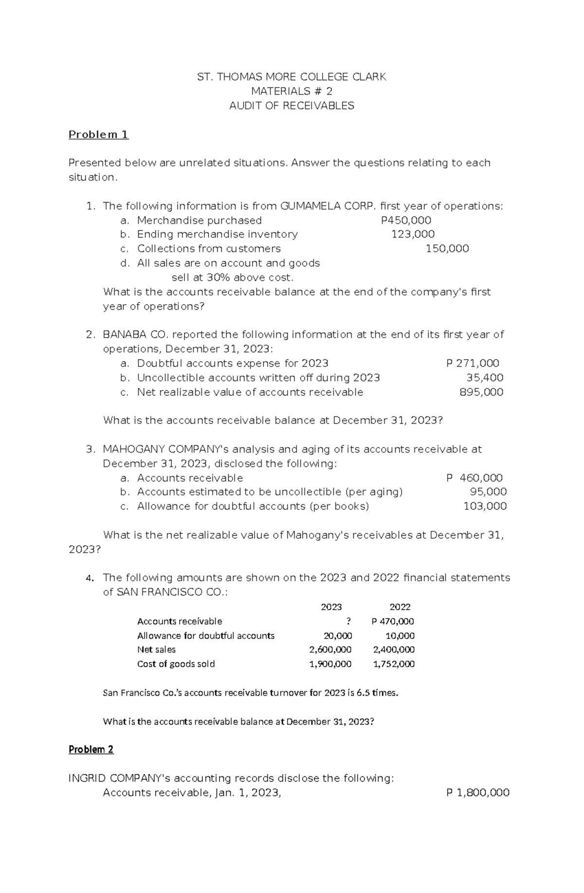 ST. THOMAS MORE COLLEGE CLARK MATERIALS 2 AUDIT OF RECEIVABLES Analysis ...