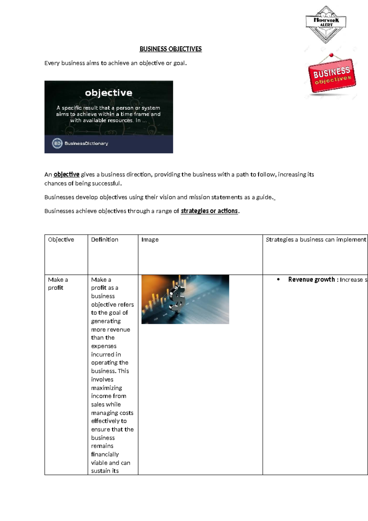 BUS 101: Business Objectives Worksheet and Strategies Overview - Studocu
