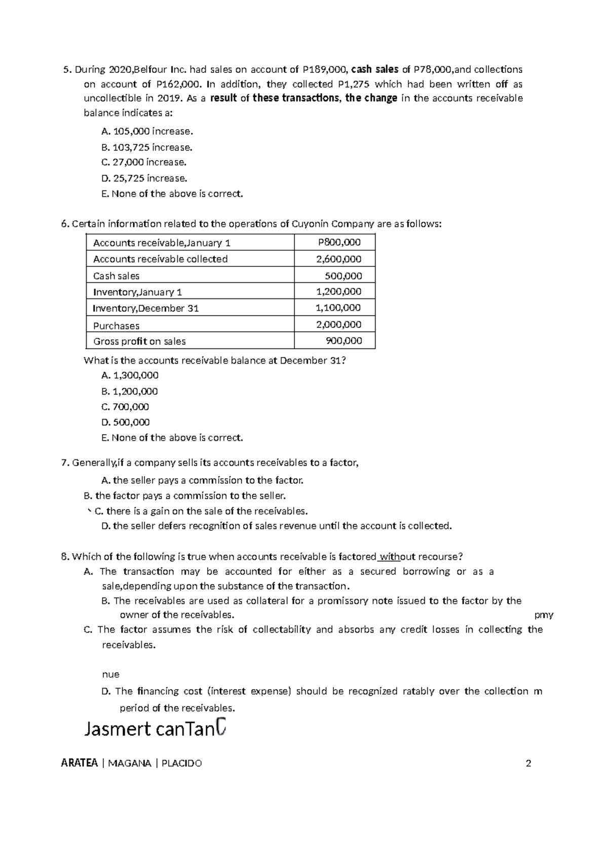 BA 123 (Public Accounting Practice) Quiz No. 2: Receivables Analysis ...