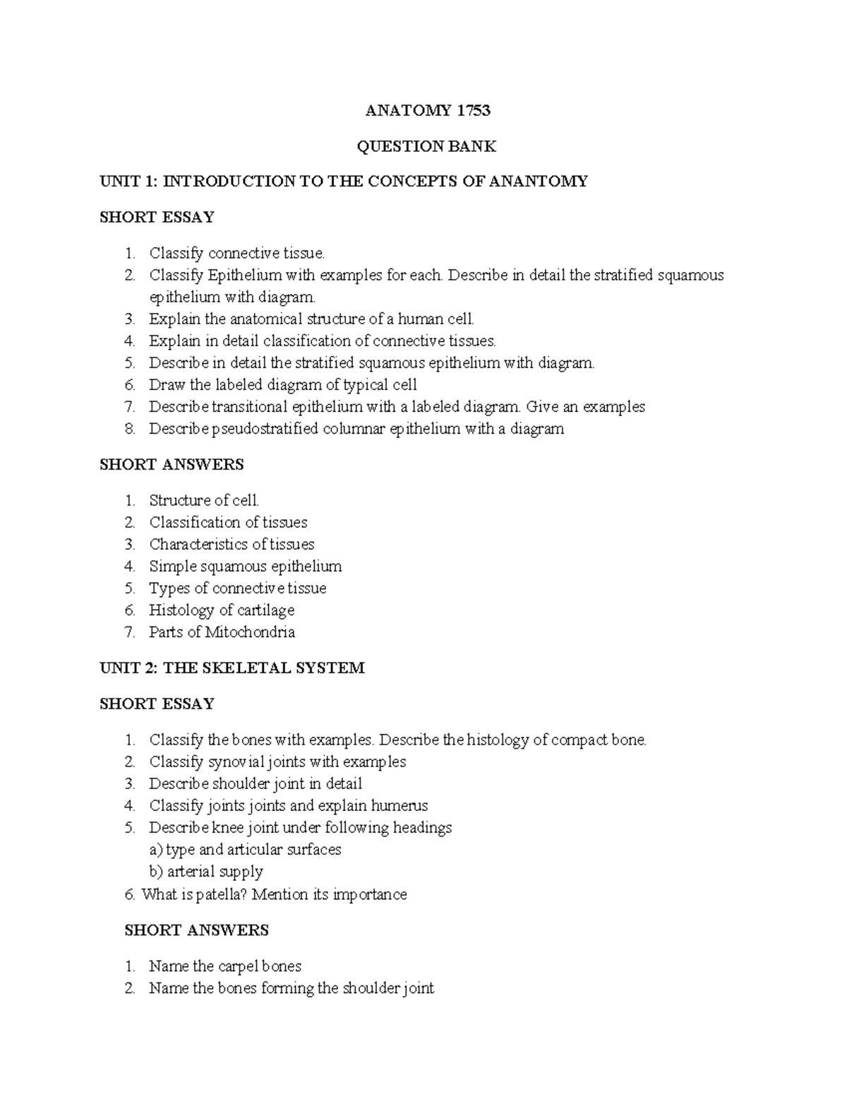 ANATOMY 1753 QUESTION BANK: UNIT-WISE ESSAY & SHORT ANSWERS - Studocu