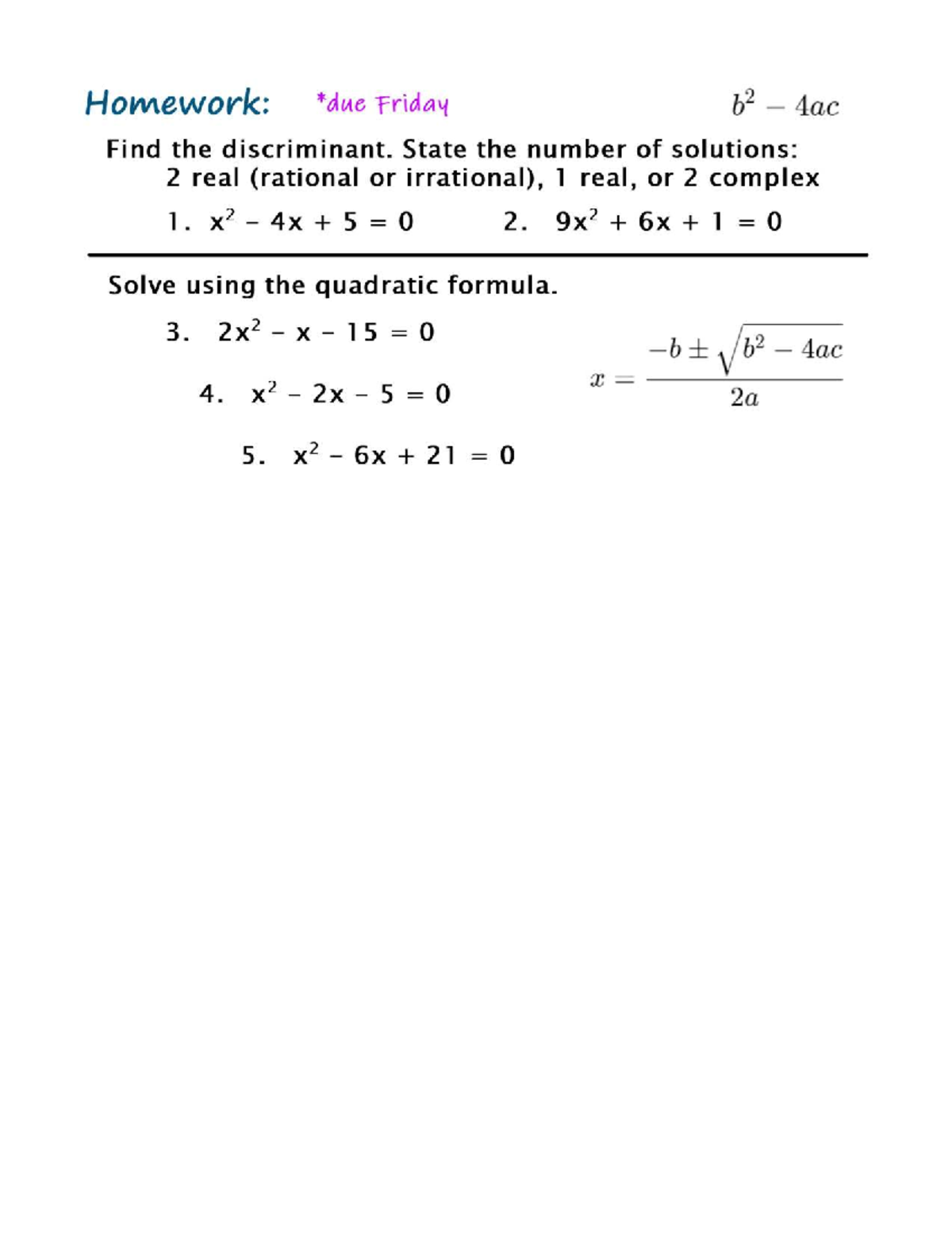 Homework: Finding Discriminants and Solutions for Quadratics - Studocu
