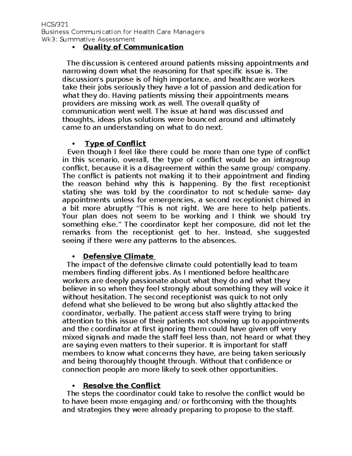 HCS321-WK3 - Communication Strategies and Conflict Resolution in Healthcare - Studocu
