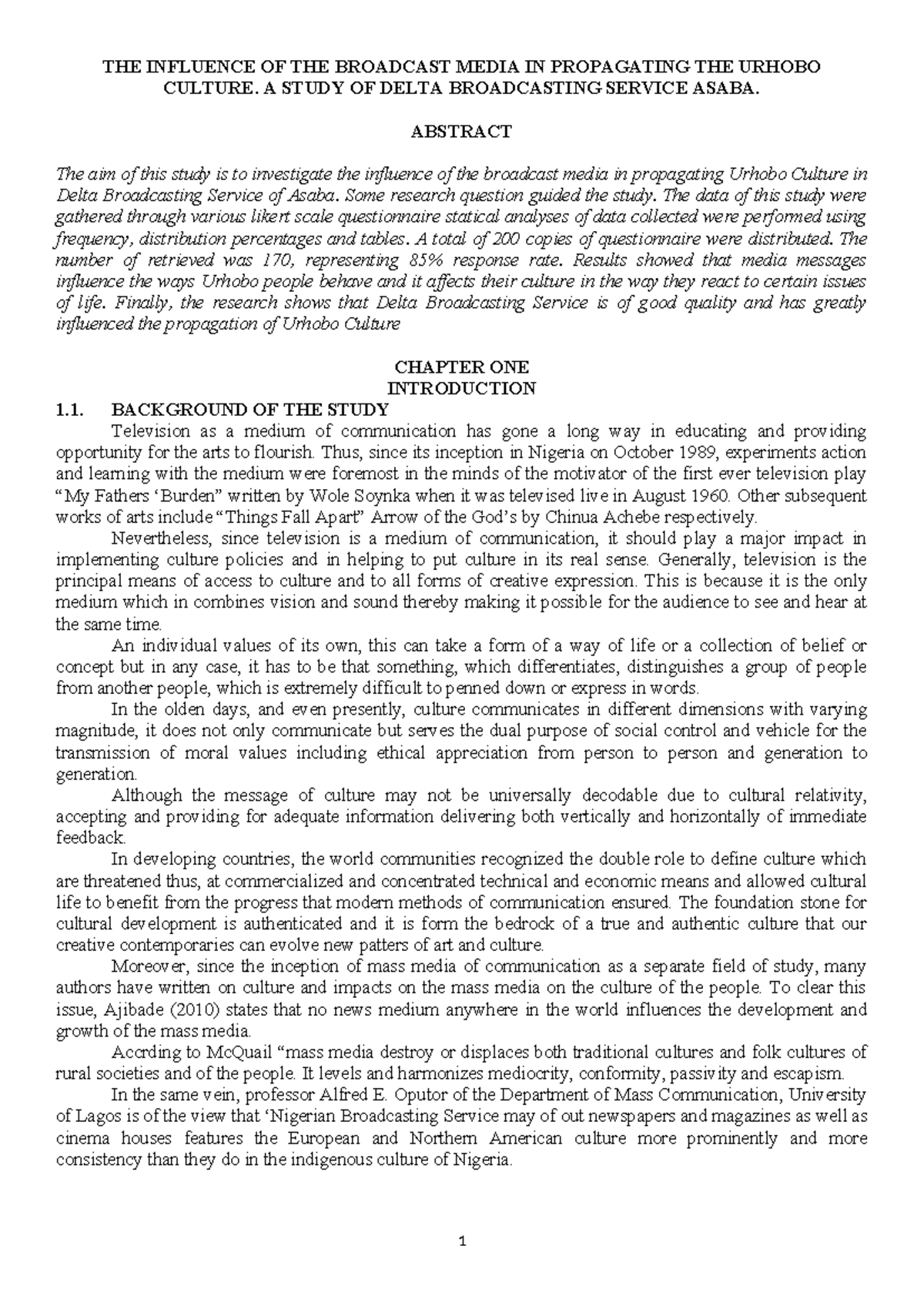 The Role of Broadcast Media in Promoting Urhobo Culture: A Study of DBS ...