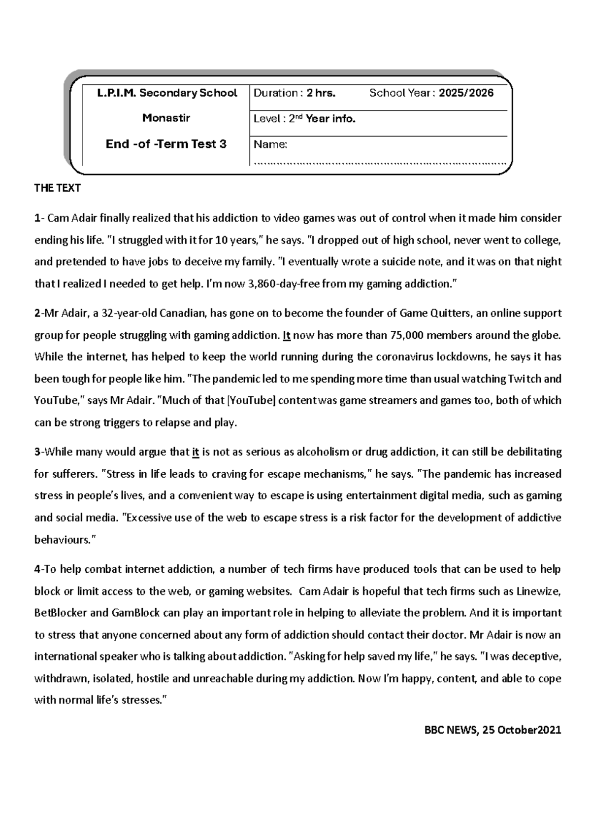 L.P.I.M. Secondary School 2nd Year End Test 3 - Exam Info - Studocu
