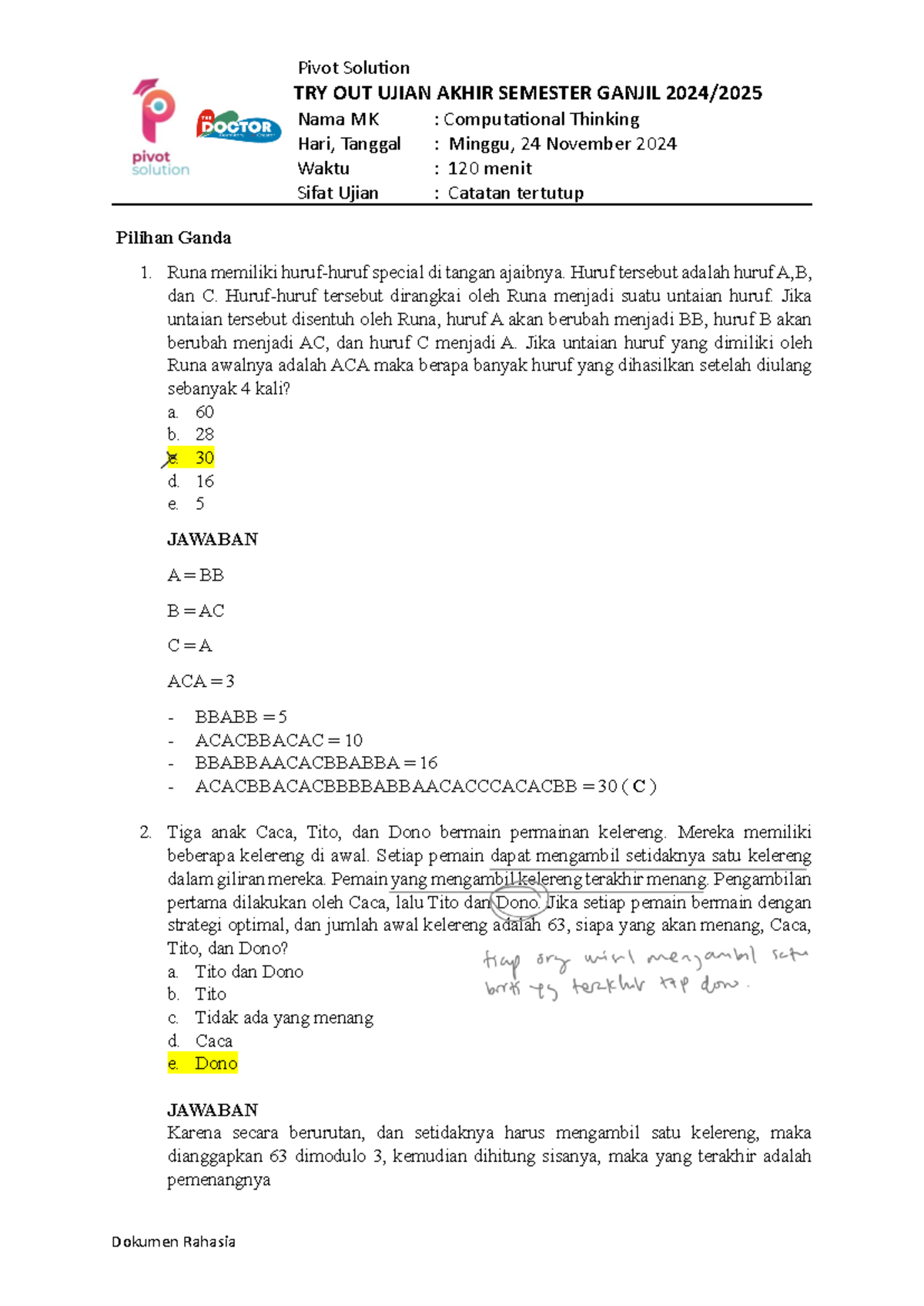 Soal dan Pembahasan CT UAS 2024/2025: Computational Thinking - Studocu