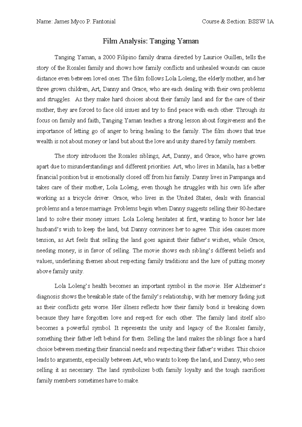 BSSW 1A Final Exam: Tanging Yaman Film Analysis Overview - Studocu