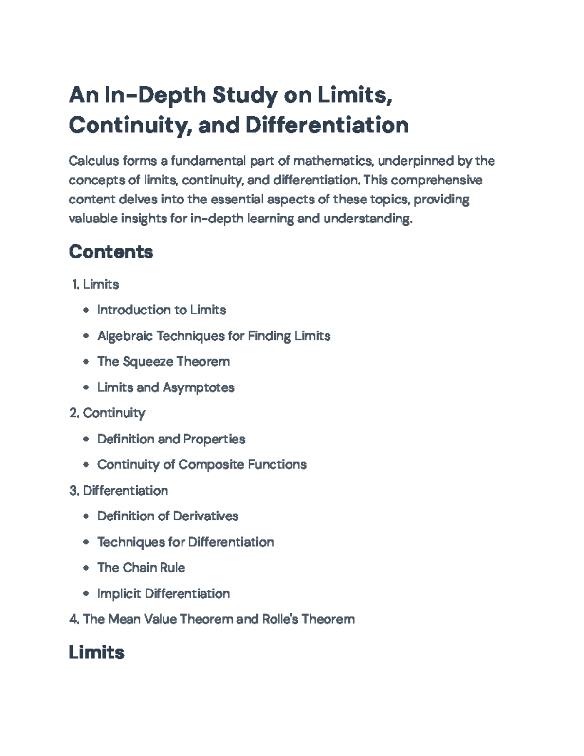In-Depth Study on Limits, Continuity, and Differentiation (MATH 101) - Studocu