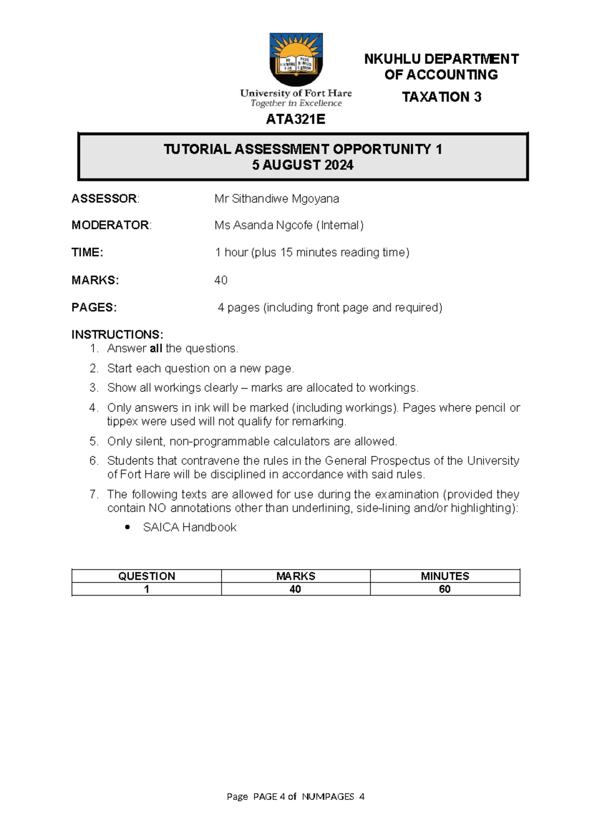 ATA321E Taxation 3 Tutorial Assessment Opportunity 1 - 5 Aug 2024 - Studocu