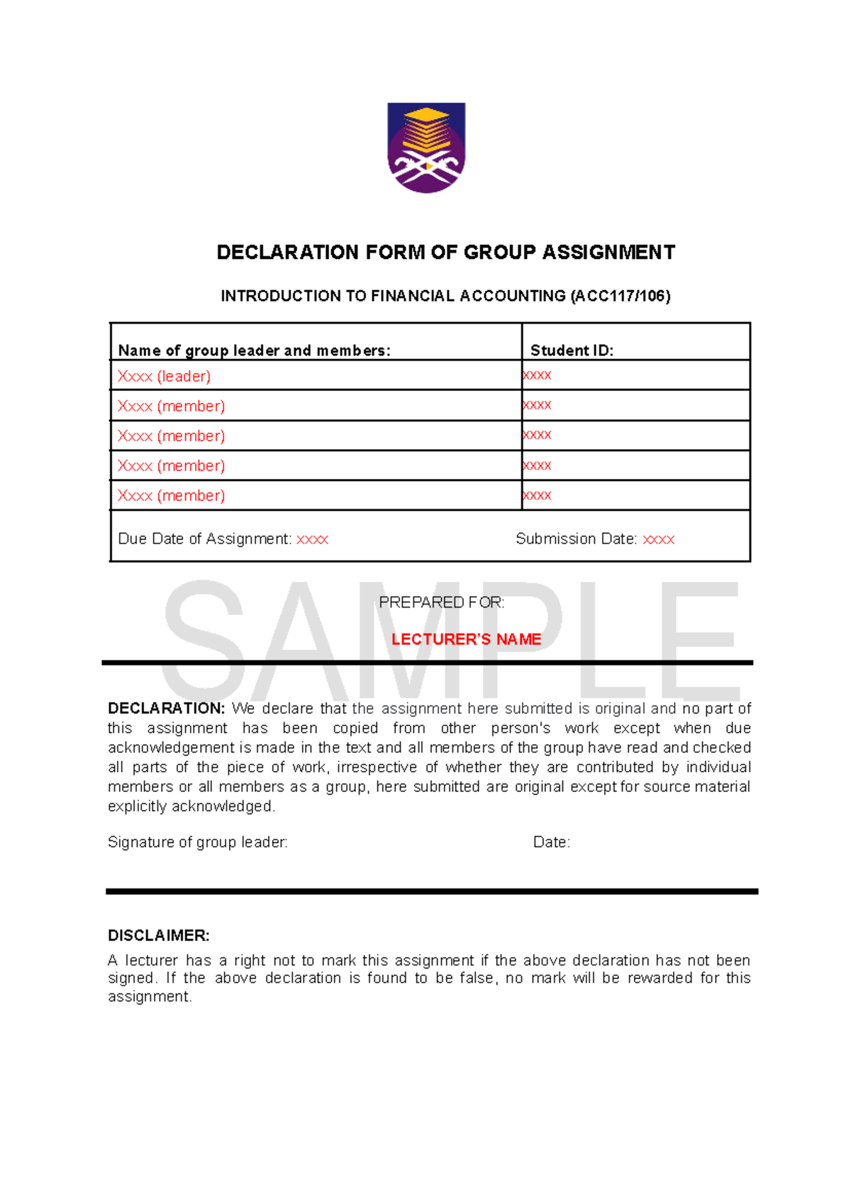 ACC117-106 Group Assignment Declaration & Cover Page - Studocu