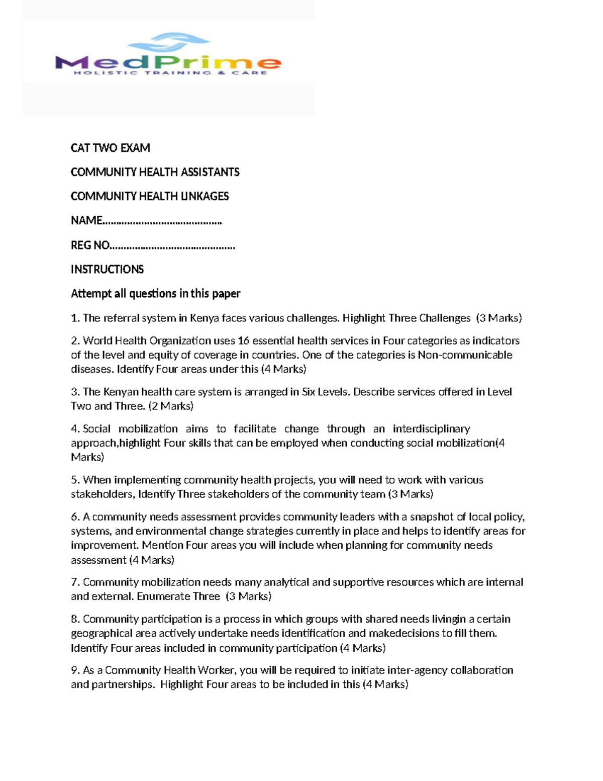 CAT 2 CHL - Community Health Assistants Exam Instructions - Studocu