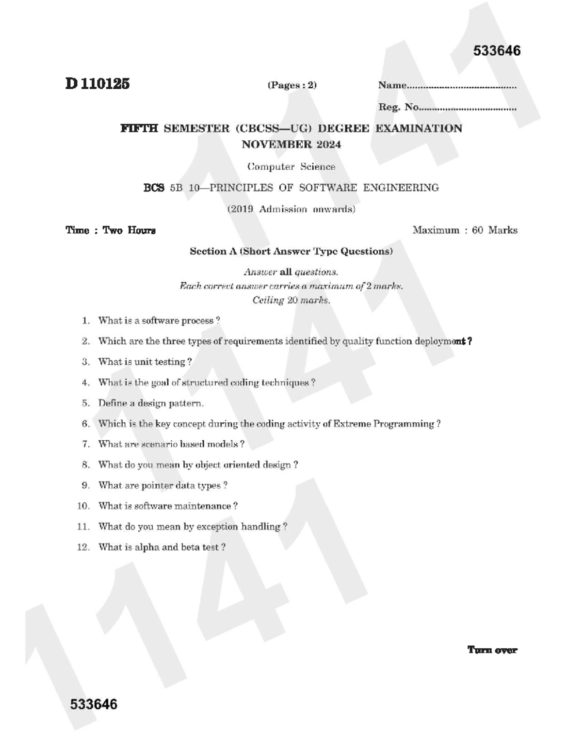 BCS 5B Software Engineering Fifth Semester Exam Nov 2024 - Studocu