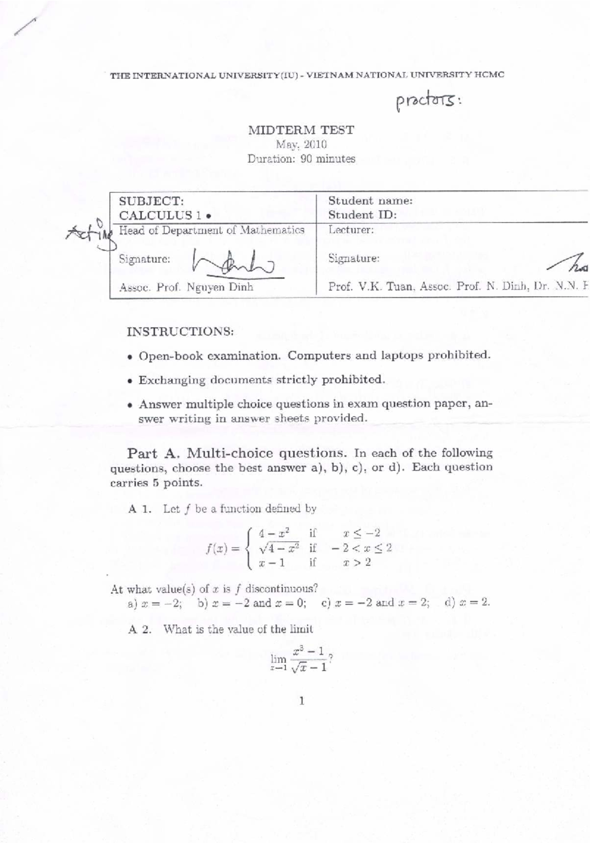 Midterm Test 2010 - Calculus 1 (CAL1) Exam Questions - Studocu