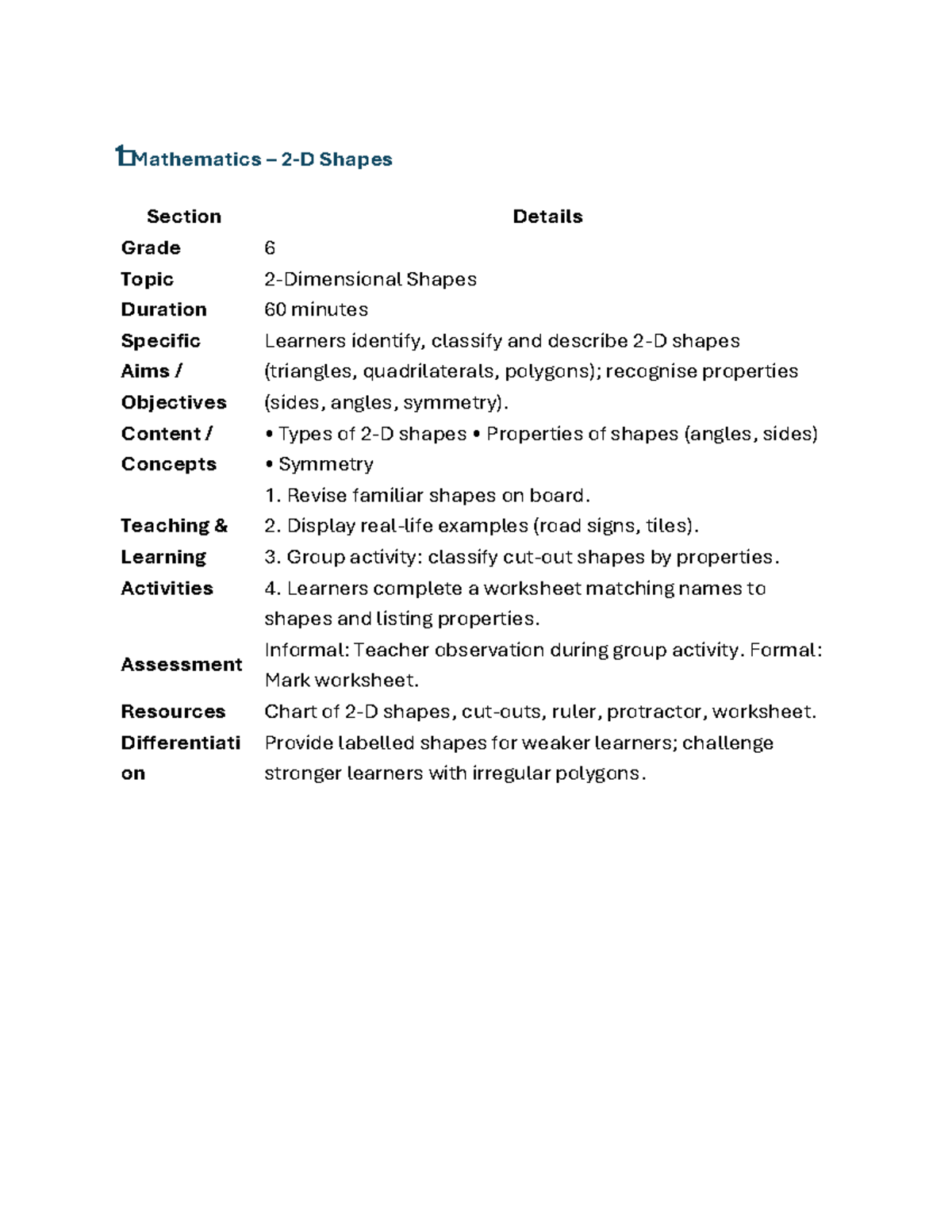 Mathematics 6: Exploring 2-D Shapes and Properties - Studocu
