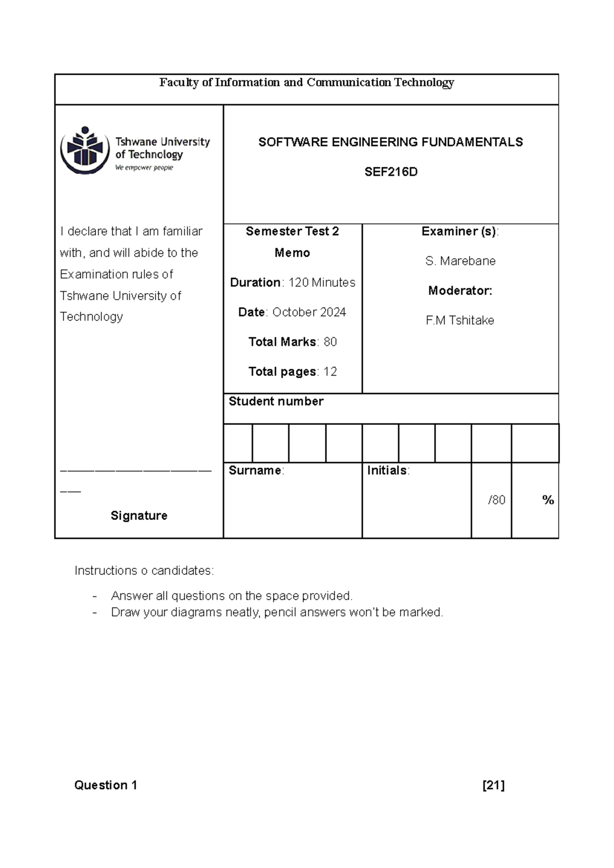 2024 S2 SEF216D Semester Test 2 Memo: Software Engineering Fundamentals ...