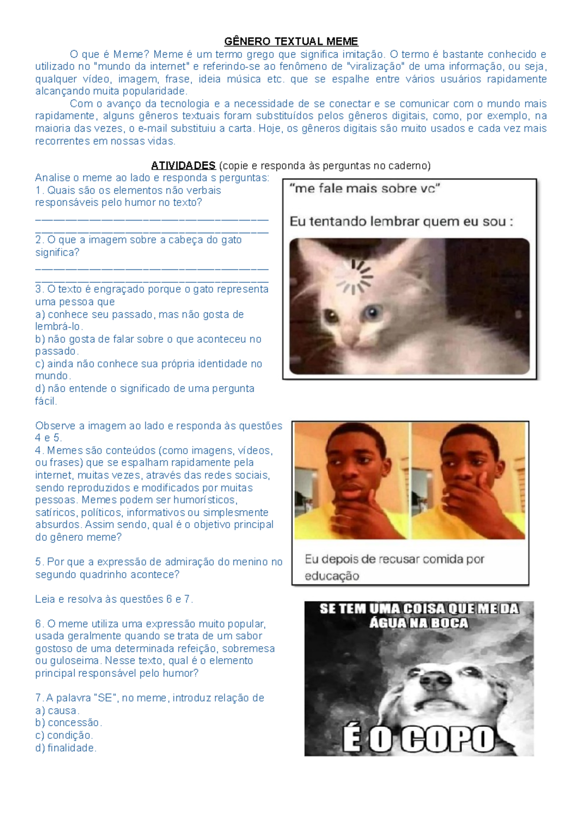 Atividade sobre Meme: Análise do Gênero Textual e Questões - Português ...