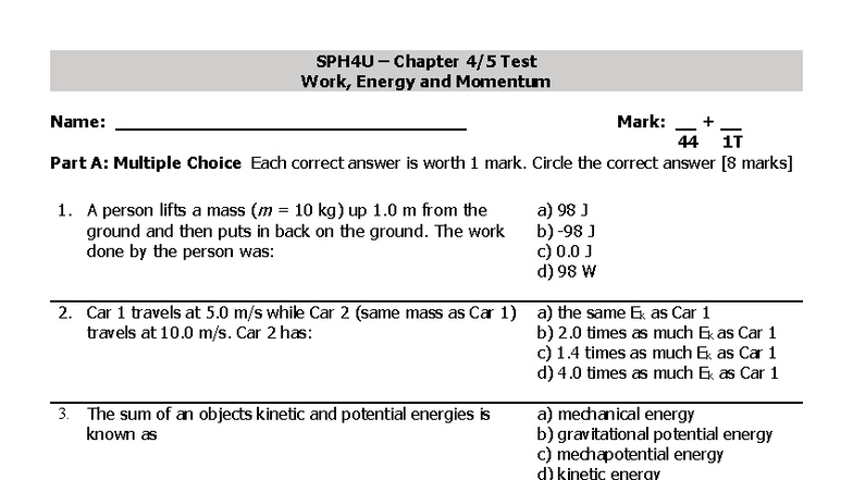 SPH4U Chapter Test: Work, Energy, and Momentum - Studocu