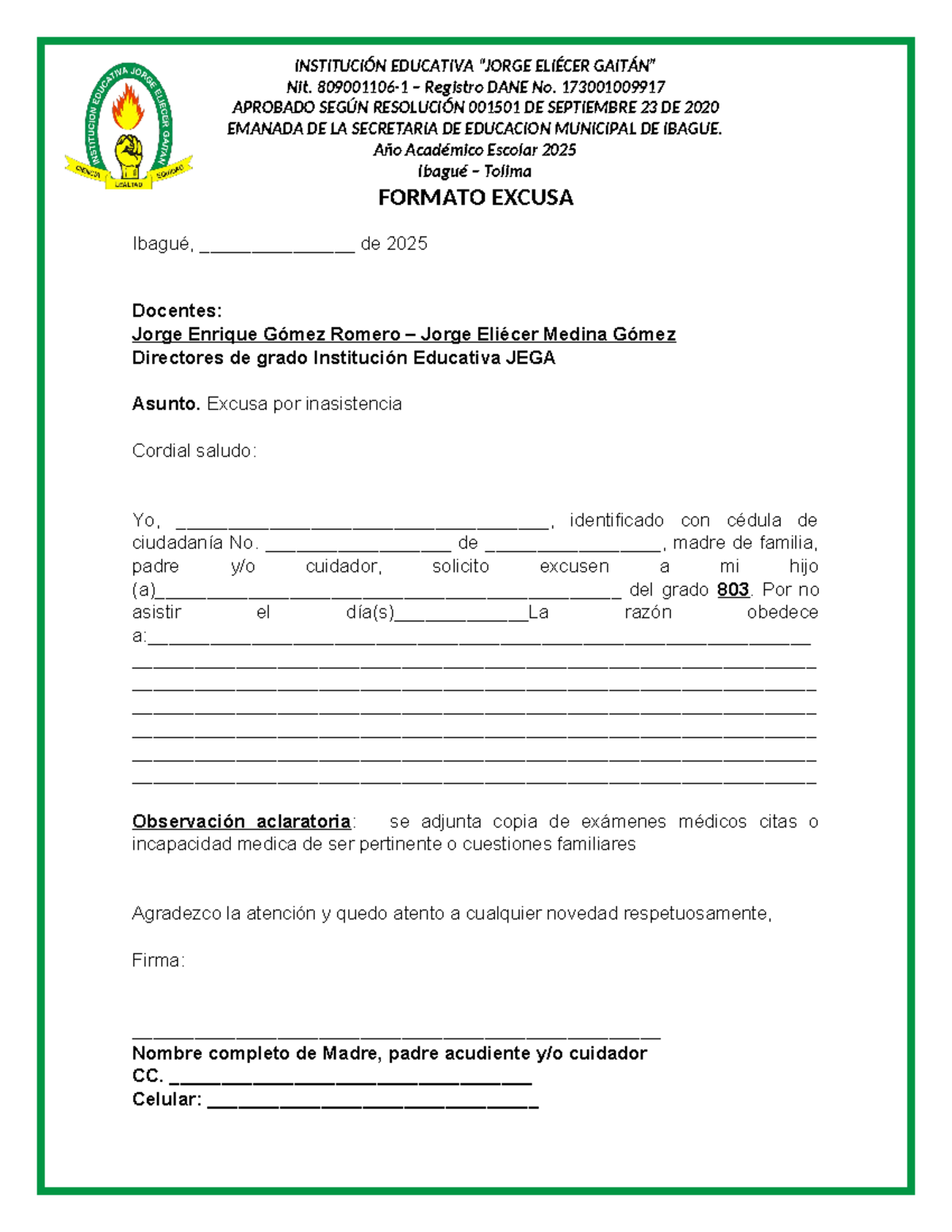 Formato de Excusa JEGA 2025 para Inasistencia Escolar - Studocu