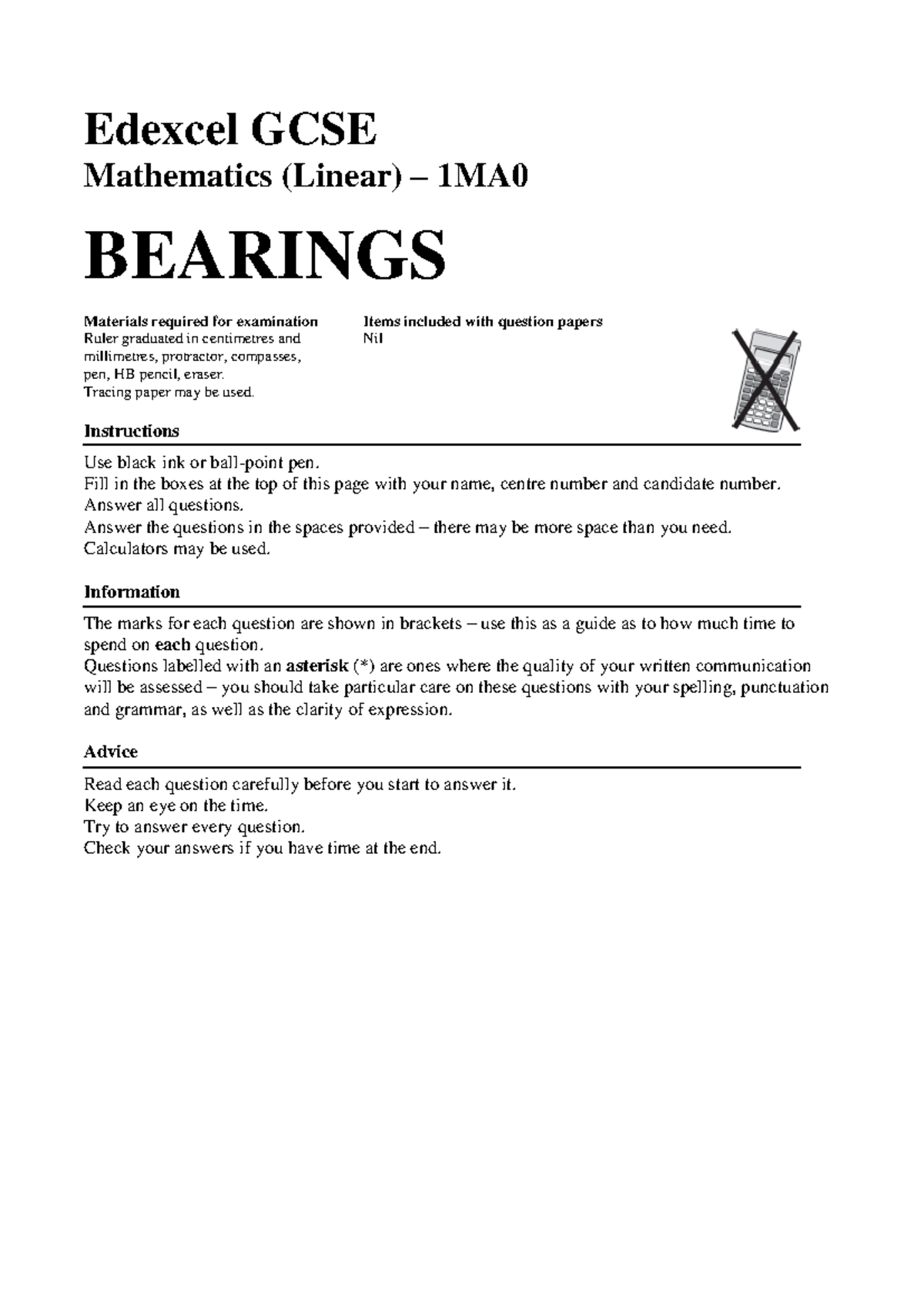 Edexcel GCSE Math 1MA Bearings Worksheet for Exam Preparation - Studocu