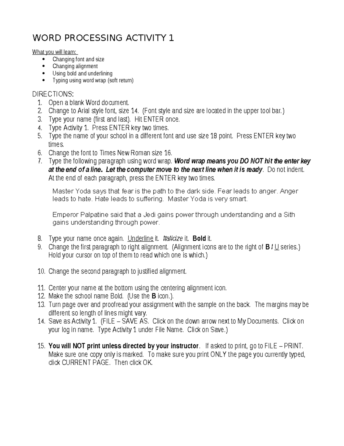 Activity 1: Word Processing Techniques and Formatting Instructions ...