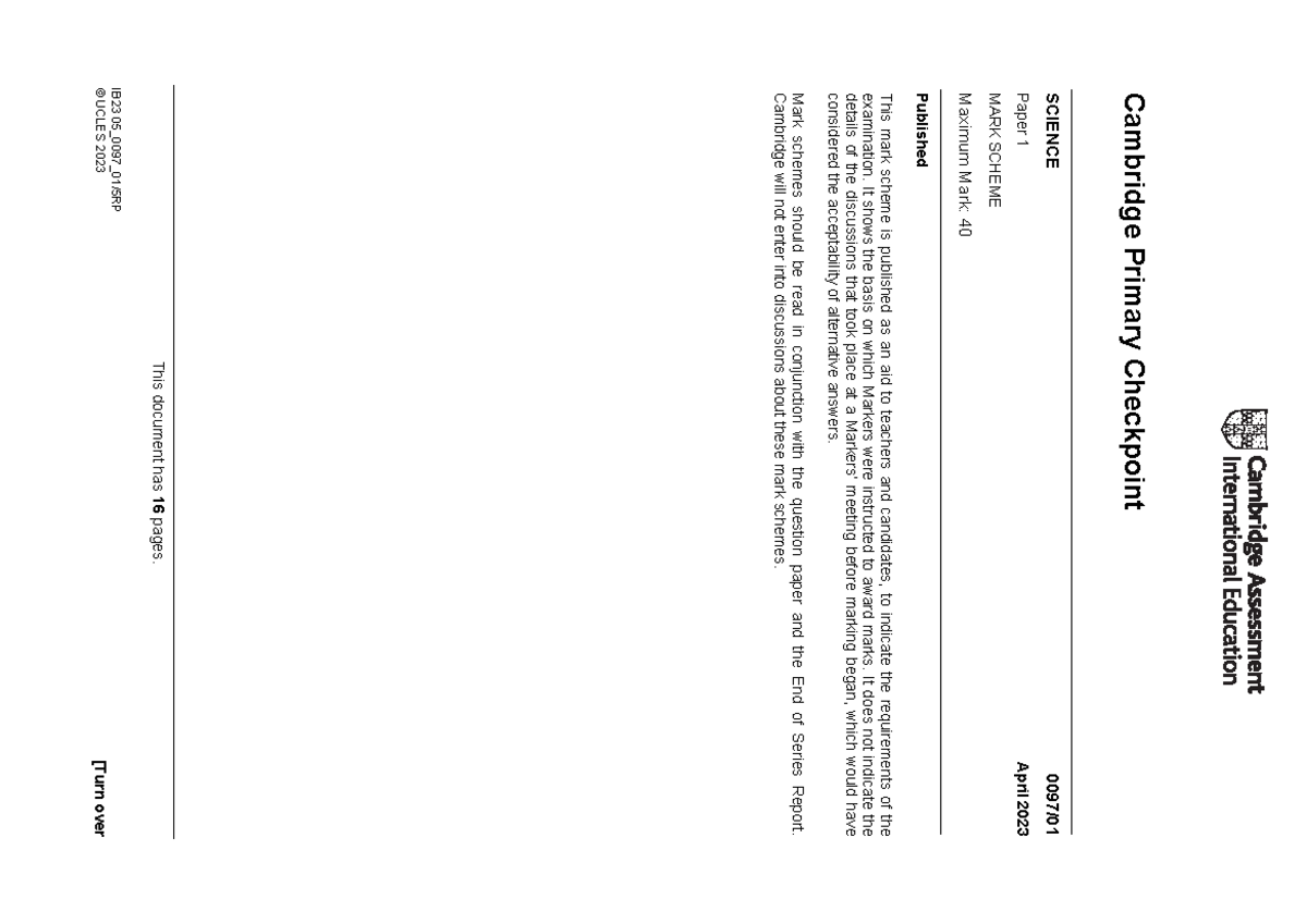 Cambridge Primary Checkpoint Science Paper 1 Mark Scheme 2023 - Studocu