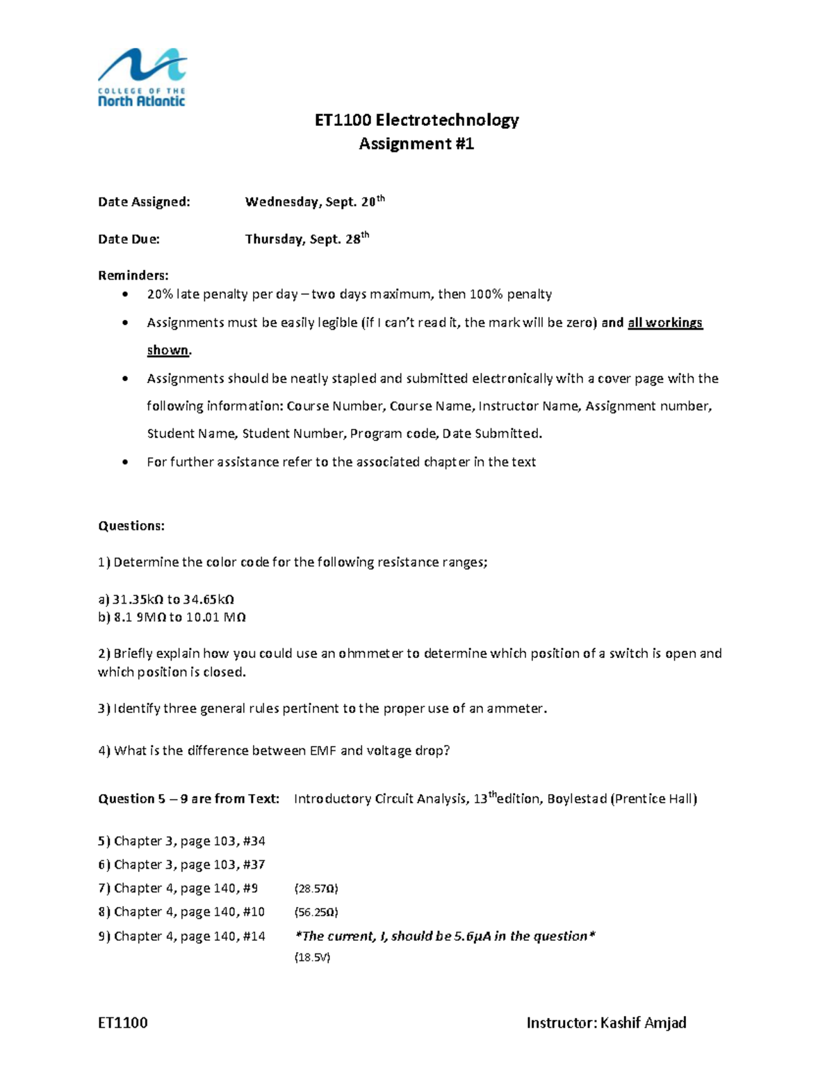 ET 1100 Assignment #2: Electrotechnology Problem Solutions Guide - Studocu