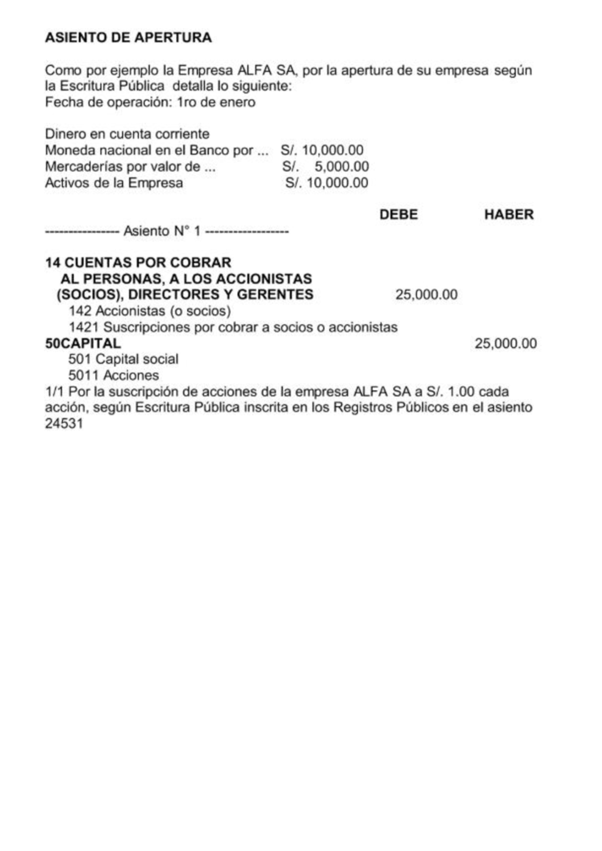 ASIENTO DE APERTURA: Ejemplo de Empresa ALFA SA - Studocu