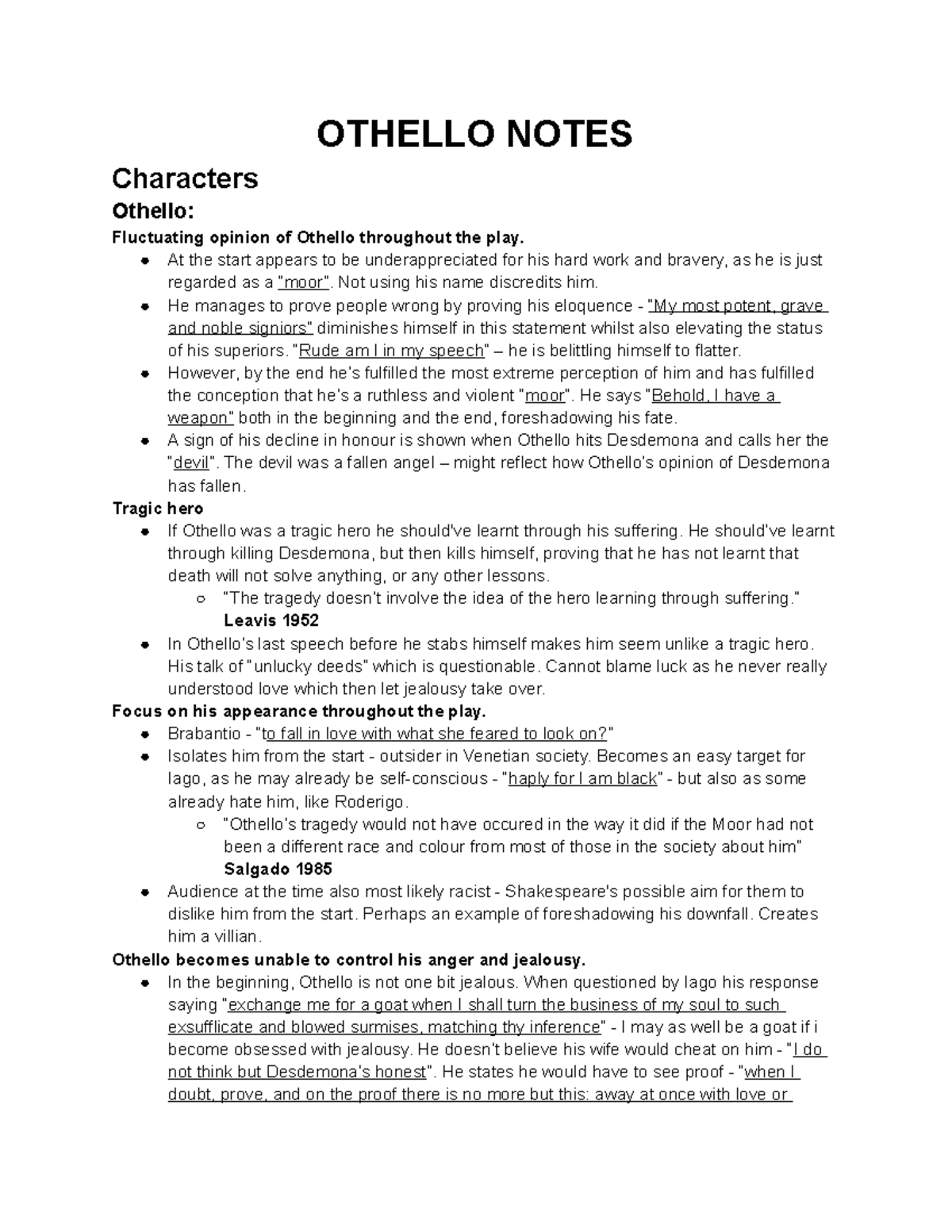 Othello Notes - OTHELLO NOTES Characters Othello: Fluctuating opinion ...