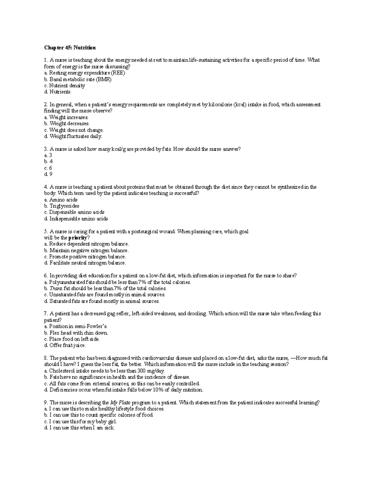 Chapter 45: Nutrition Practice Questions and Answers - Studocu