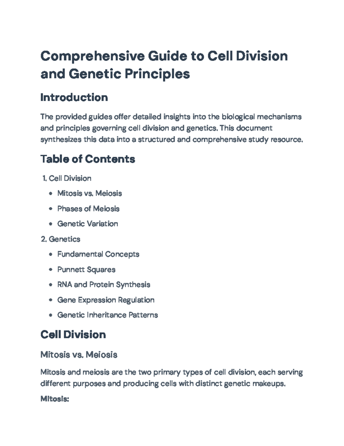 Comprehensive Study Guide on Cell Division and Genetics Principles ...