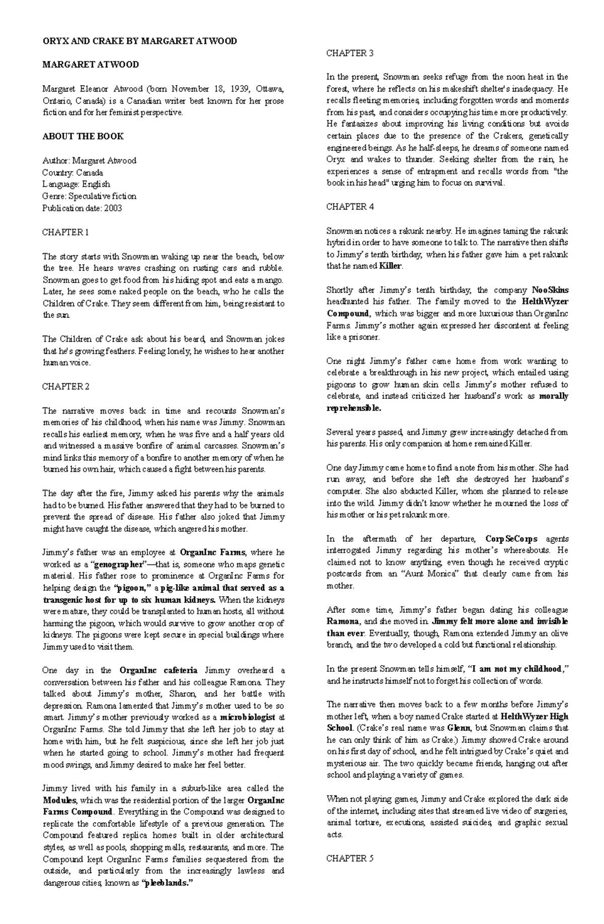 Chapter Summaries of "Oryx and Crake" by Margaret Atwood - Studocu