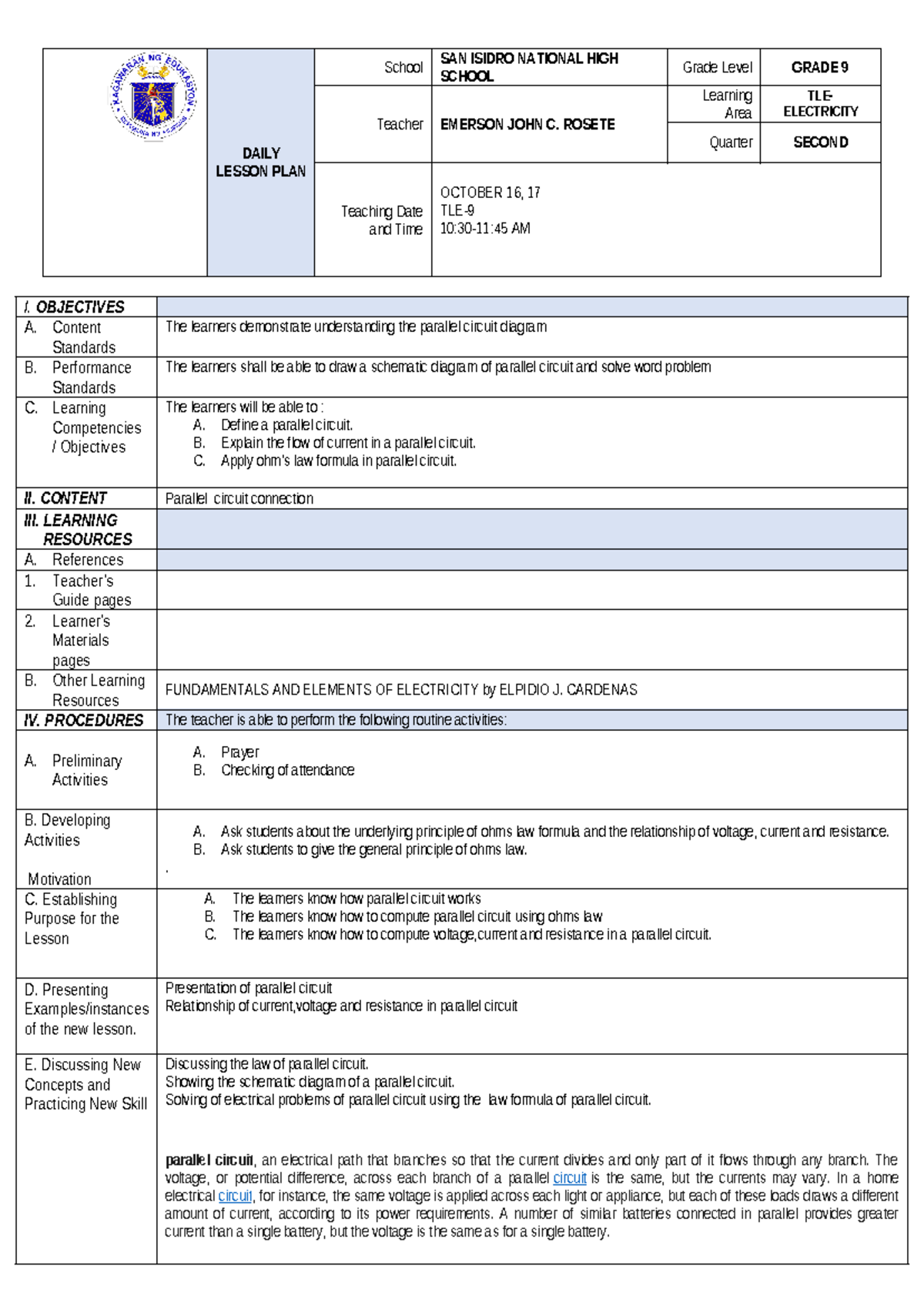 Tle-9-3 - lesson plan - DAILY LESSON PLAN School SAN ISIDRO NATIONAL ...