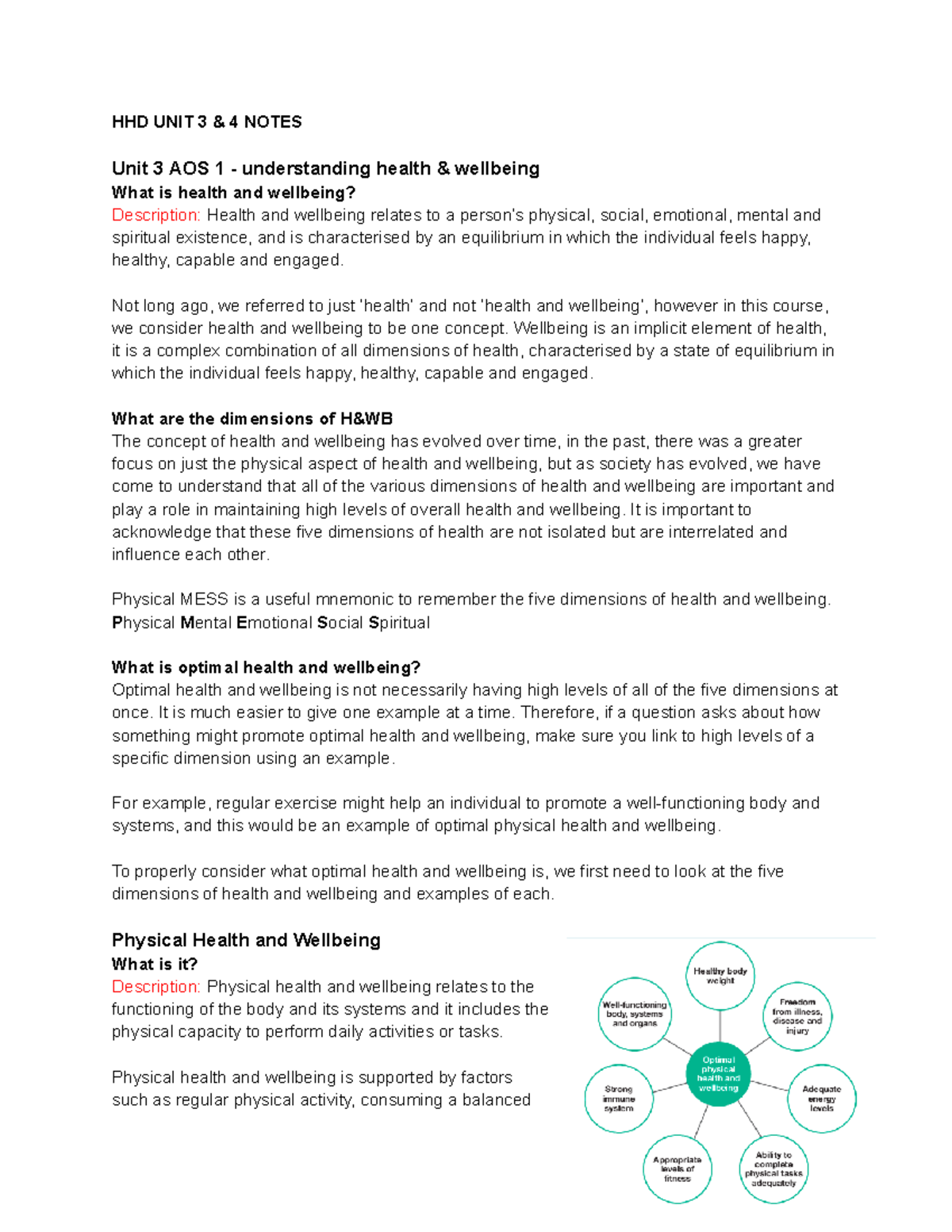 HHD ¾ Notes: Understanding Health and Wellbeing Dimensions - Studocu