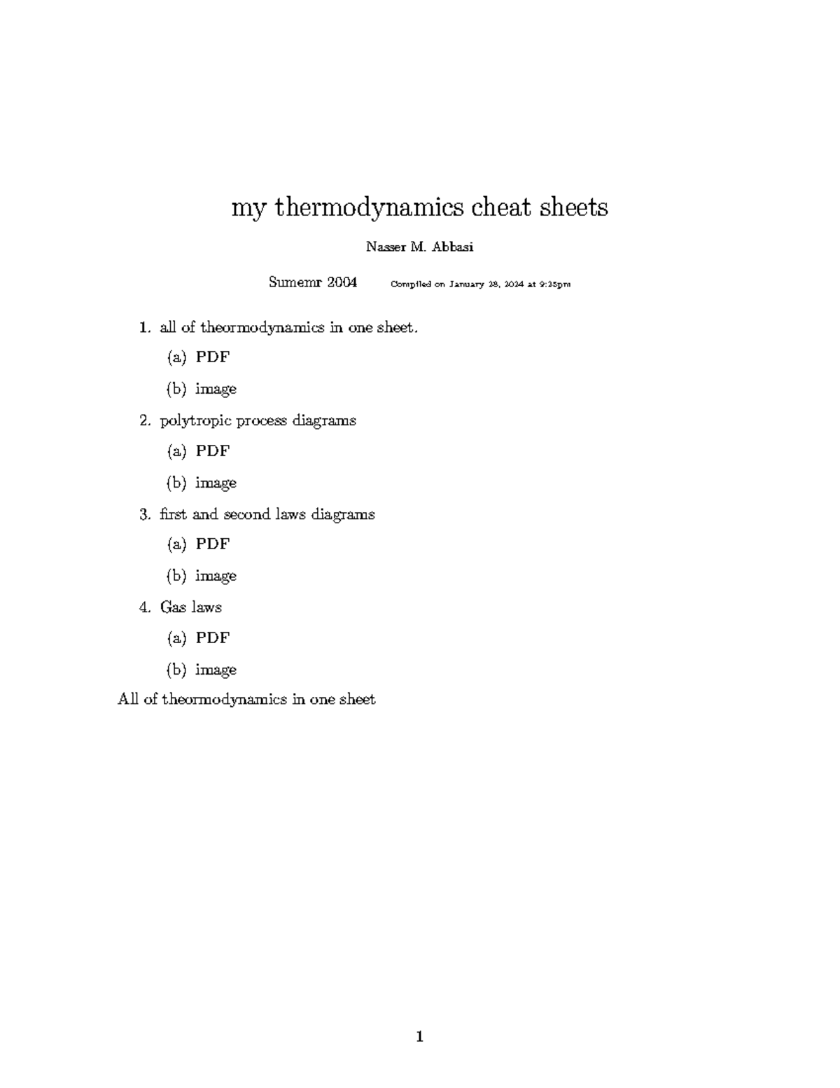 Thermodynamics Cheat Sheets: Key Concepts & Equations (Summer 2004 ...