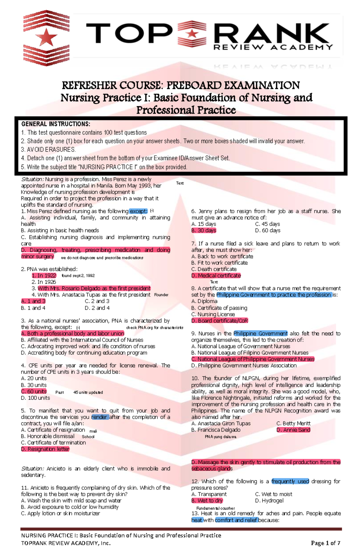 NP1 - Refresher Preboard Examination for Nursing Practice I - Studocu