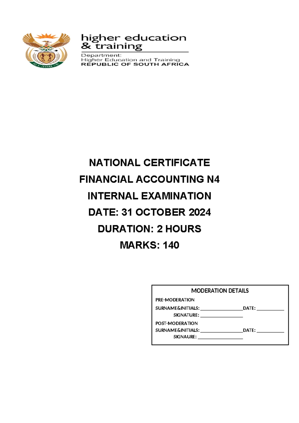 NATIONAL CERTIFICATE FINANCIAL ACCOUNTING N4 INTERNAL EXAM 2024 - Studocu
