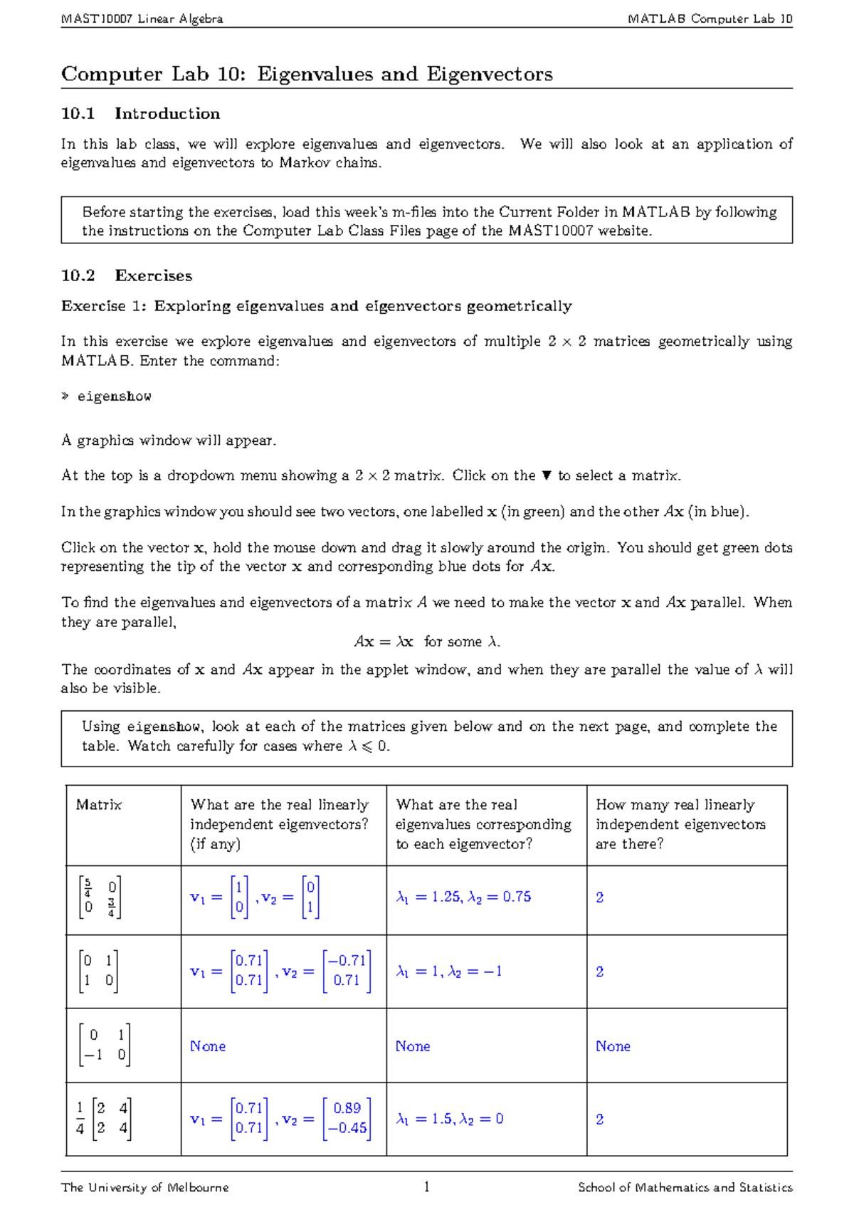 Linear Algebra MATLAB Lab 10: Eigenvalues & Markov Chains Solutions ...