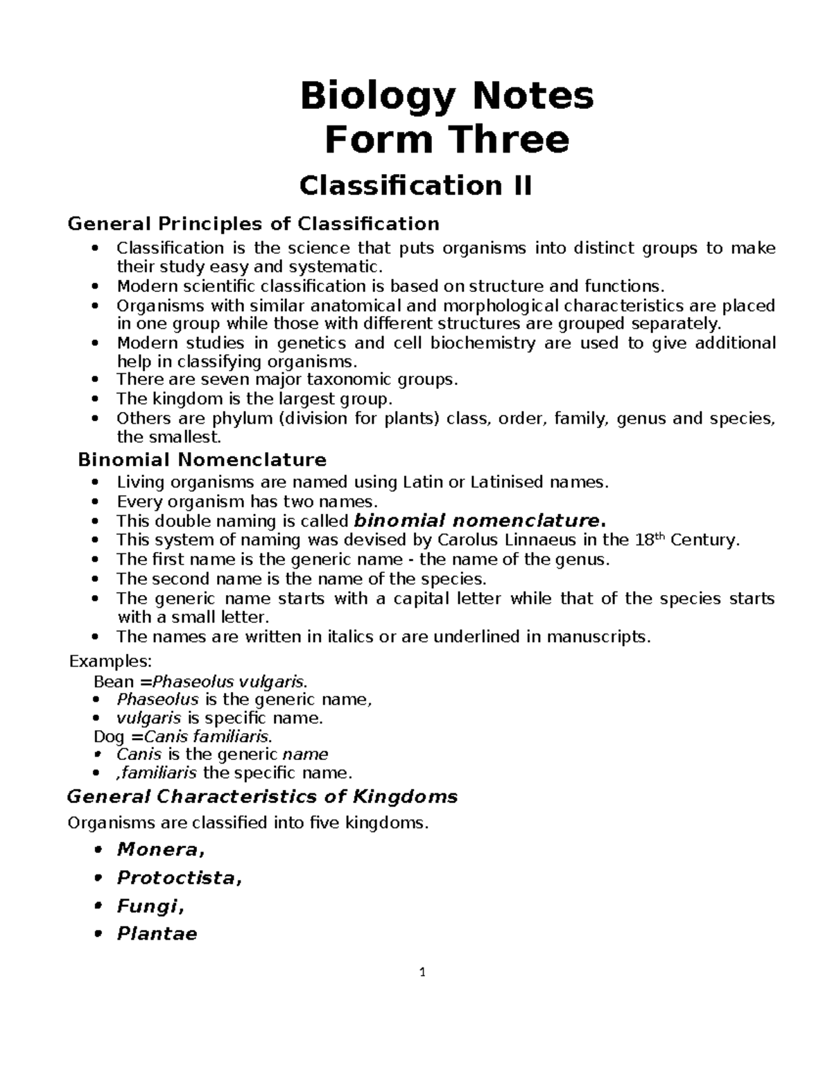 Biology form 3 - Biology Notes Form Three Classification II General ...