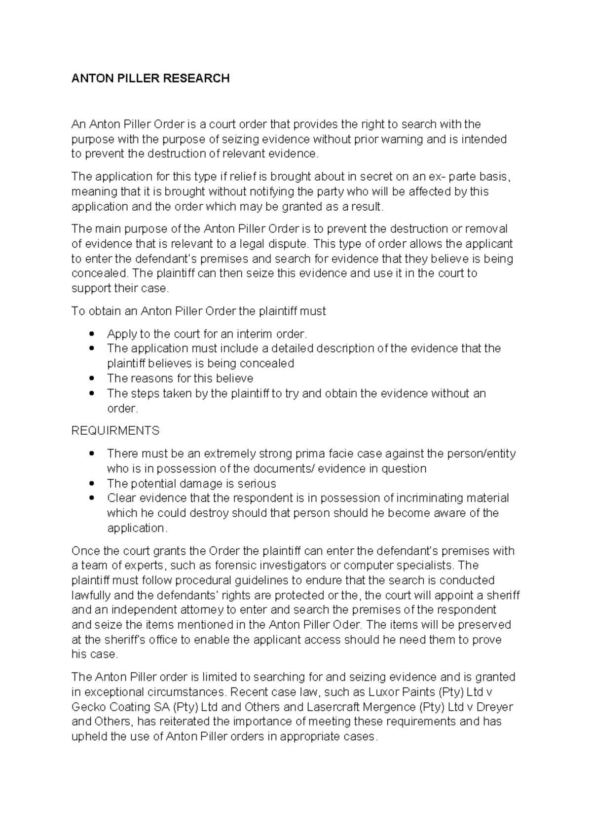 Anton Piller Research: Legal Framework and Case Law Insights - Studocu