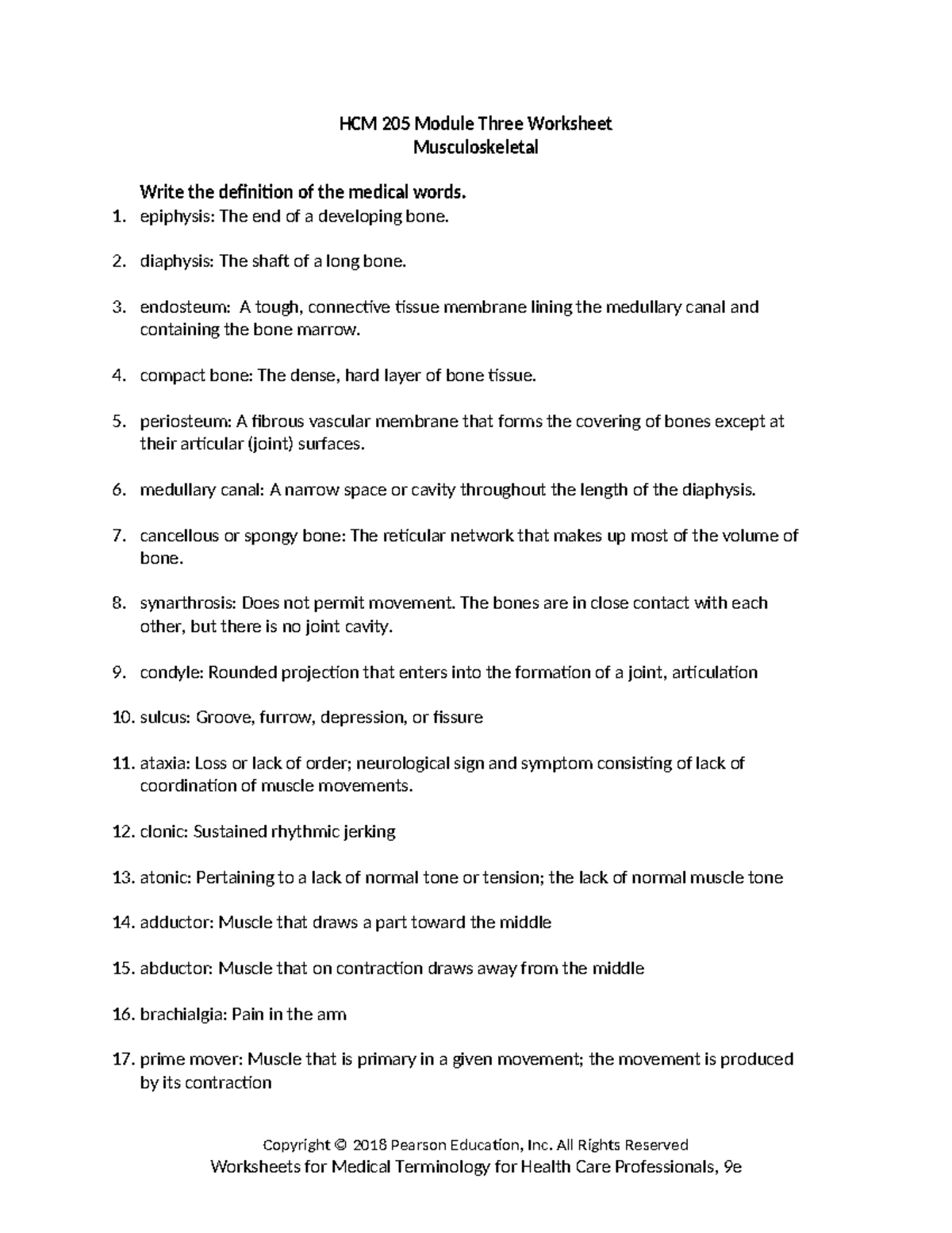 HCM 205 Module 3 Worksheet: Musculoskeletal Terms and Definitions - Studocu