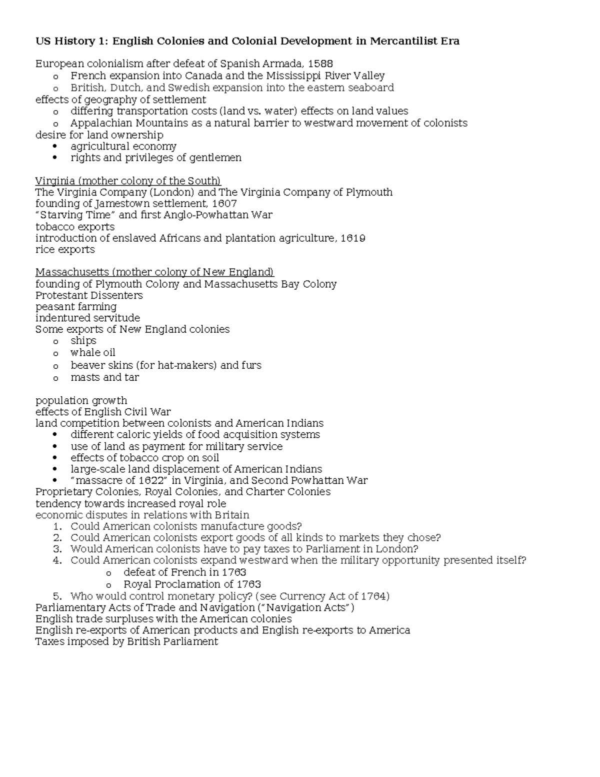 US History 1: Overview of English Colonies & Mercantilism - Studocu