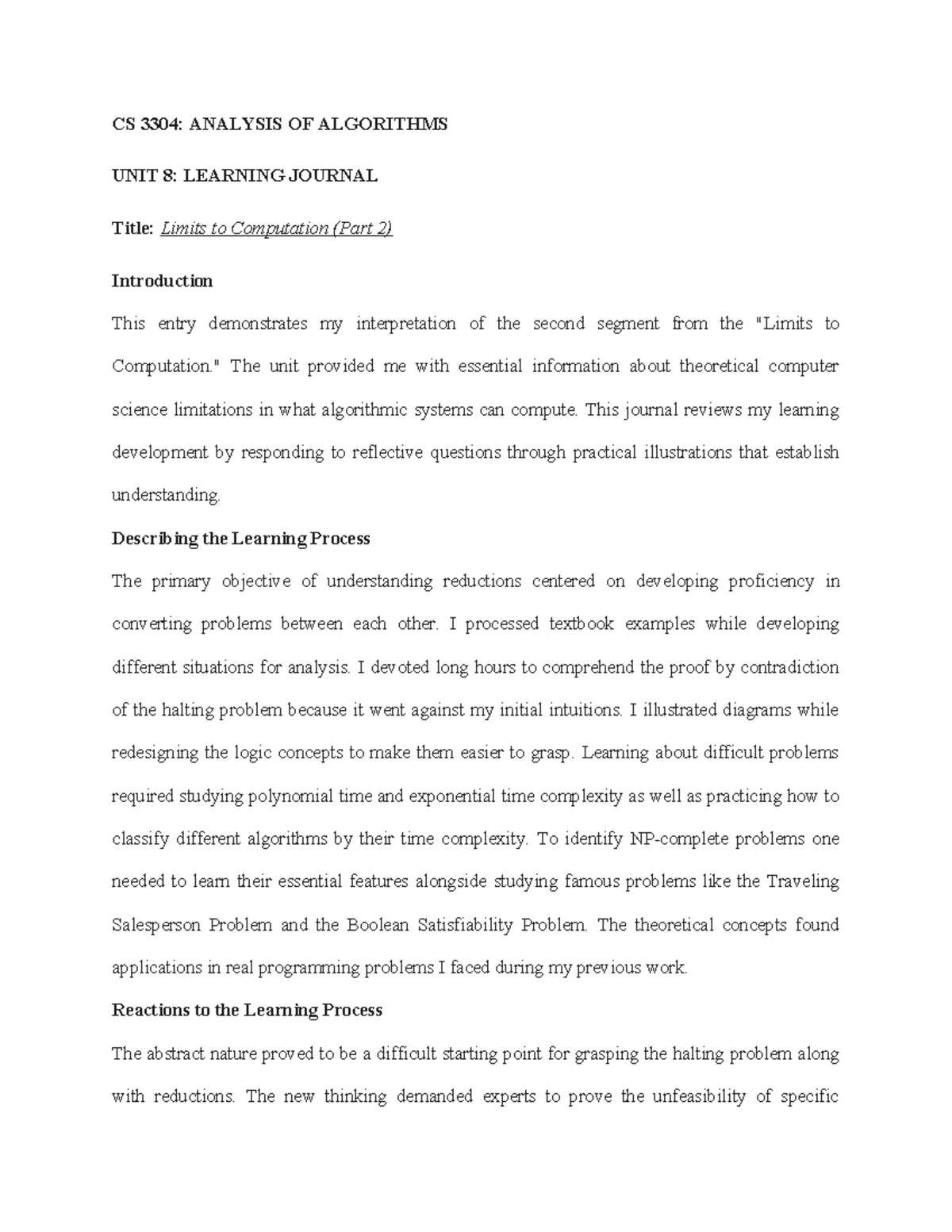 CS 3304: ANALYSIS OF ALGORITHMS UNIT 8: LEARNING JOURNAL Insights on Limits to - Studocu