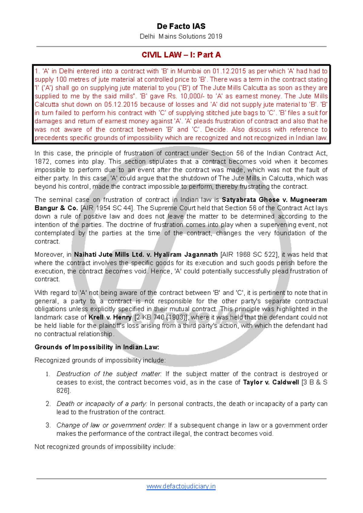De Facto IAS Delhi Mains Solutions 2019: Civil Law I Comprehensive ...