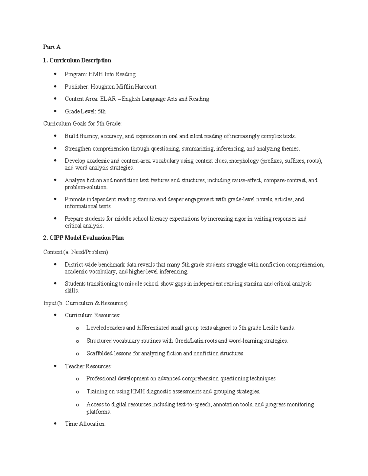 GGN1 - Task 2: Curriculum Evaluation Plan for 5th Grade ELAR - Studocu