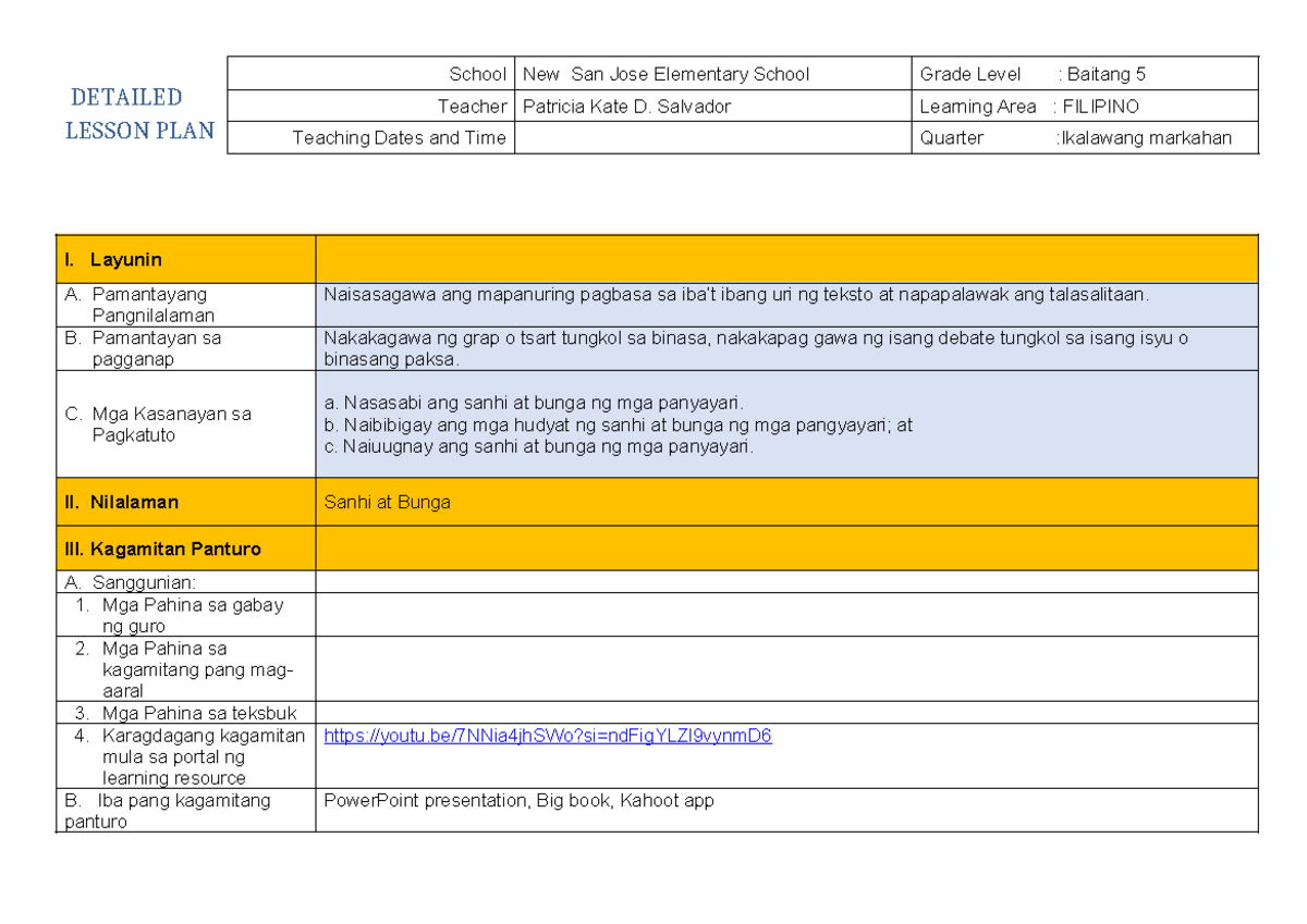 Filipino Lesson PLAN: Sa Pagsusuri ng Sanhi at Bunga sa Baitang 5 - Studocu